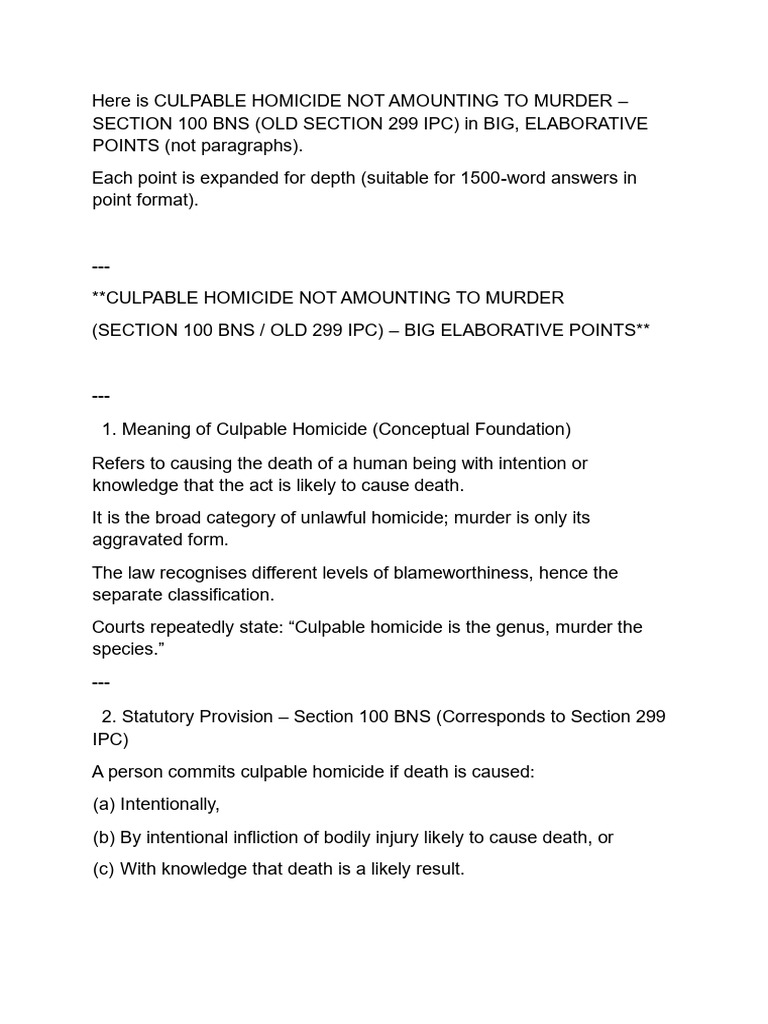 Culpable Homicide Explained: Section 100 BNS | PDF | Mens Rea | Murder