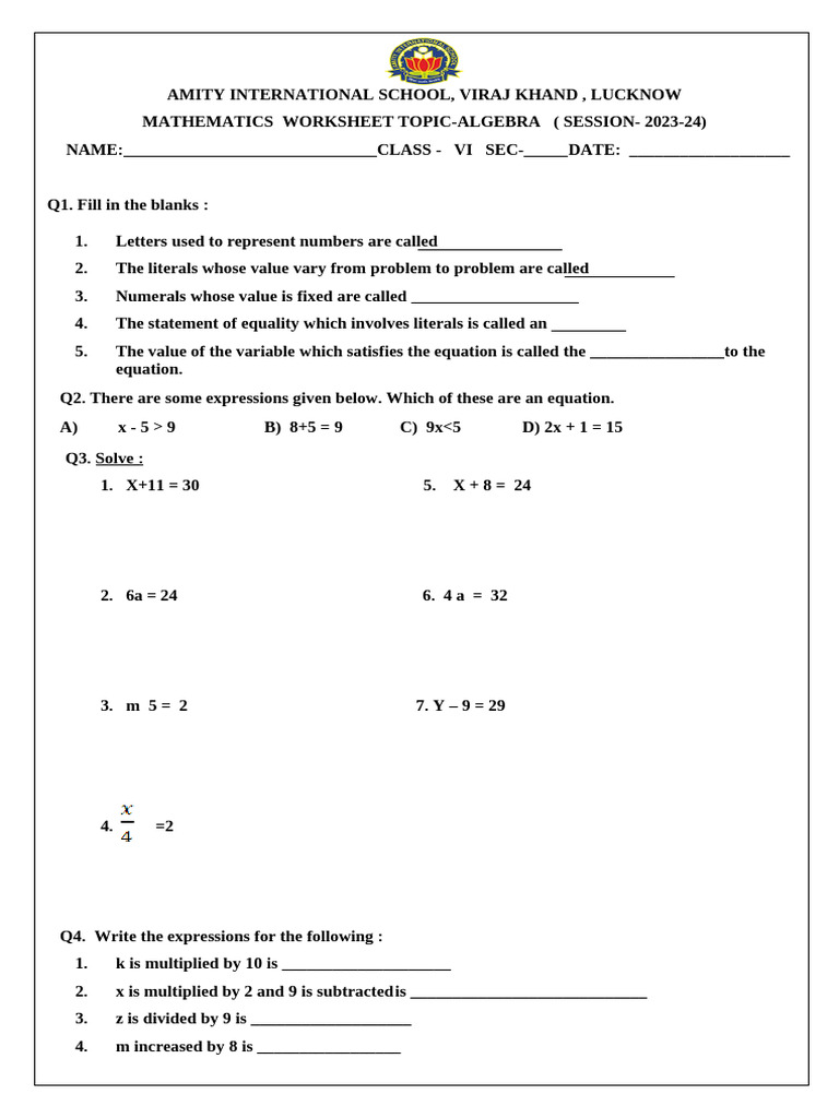 WORKSHEET - Algebra Class 6 | PDF