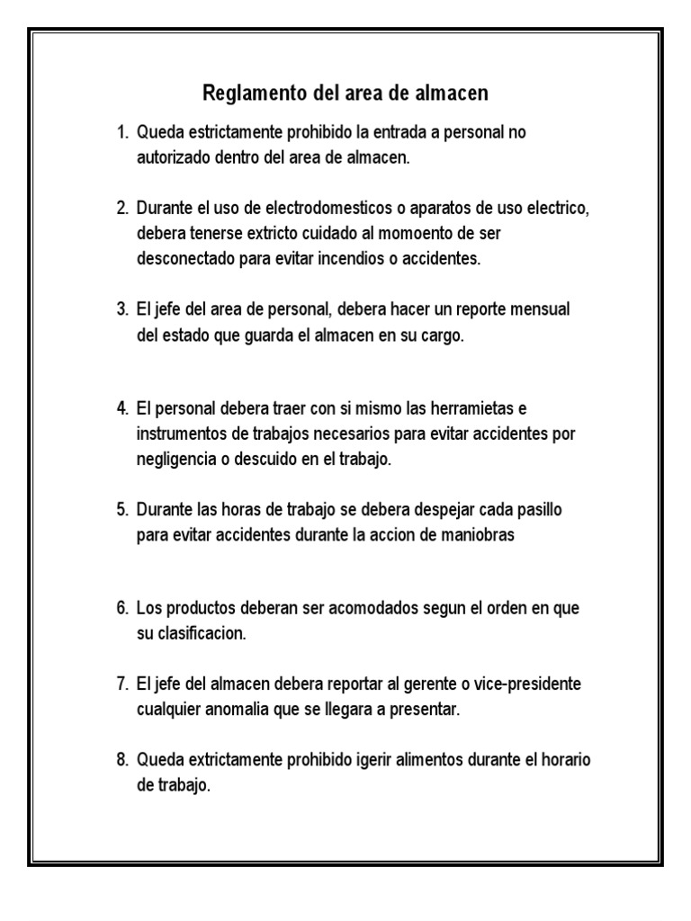 Reglamento Del Area de Almacen | PDF