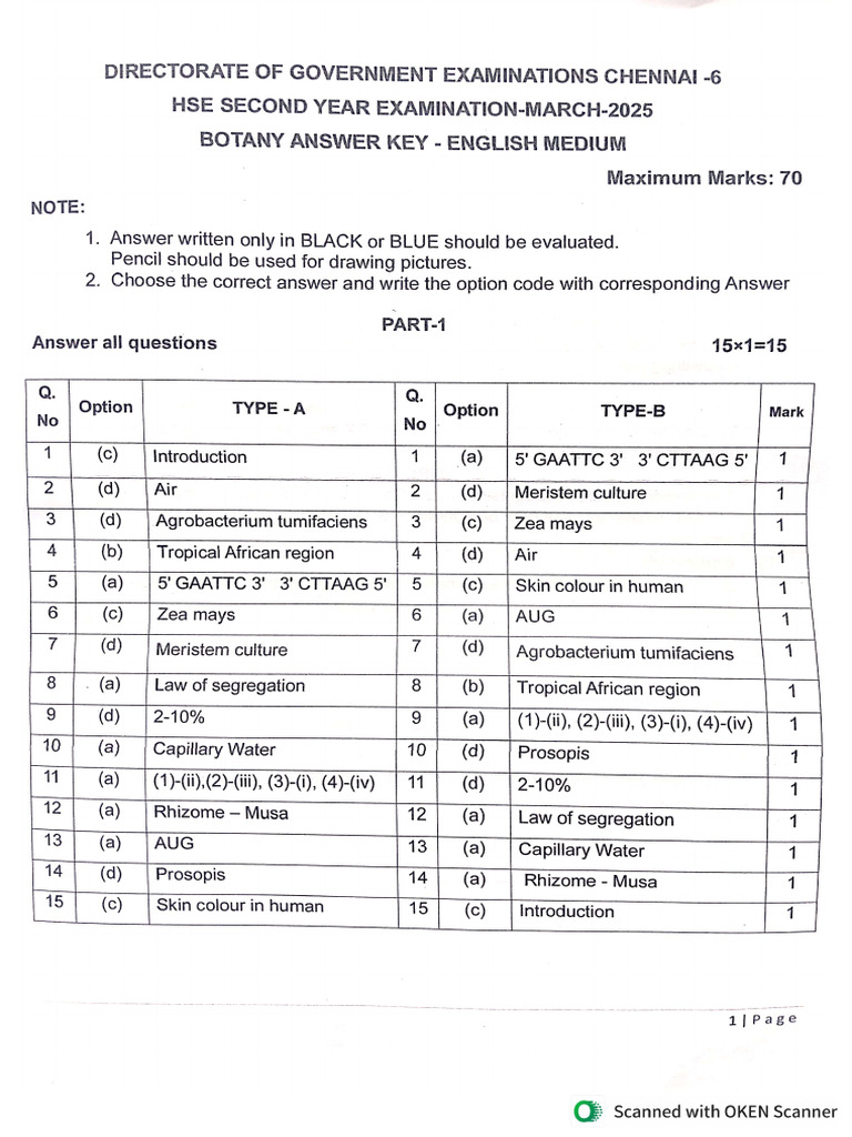 12th Botany EM Official Answer Key To Public Exam March 2025 Question ...