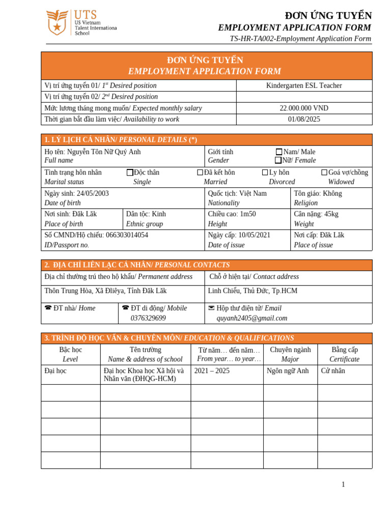 Uts HR Ta002 Employment Application Form | PDF