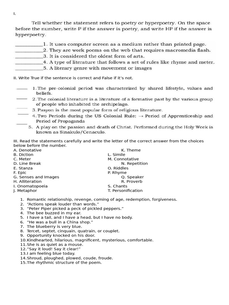Literary Terms Quiz Instructions | PDF