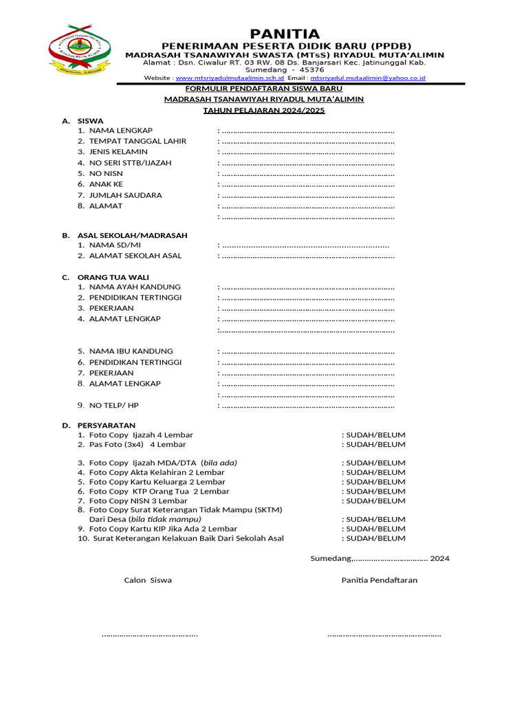 Formulir Pendaftaran Siswa Baru | PDF