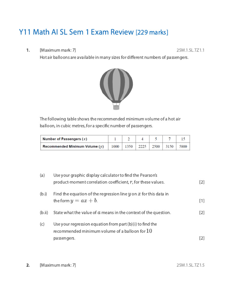 Y11 Math AI SL Semester 1 Exam Review | PDF