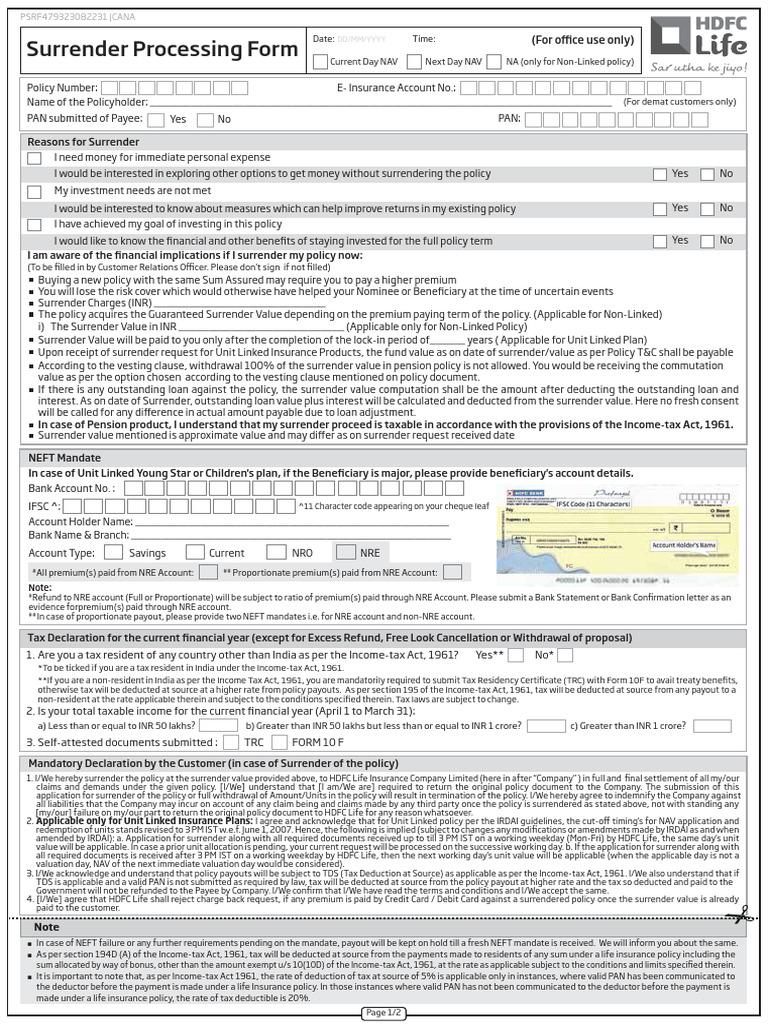 HDFC Life Insurance Surrender Form | PDF | Insurance | Income Tax