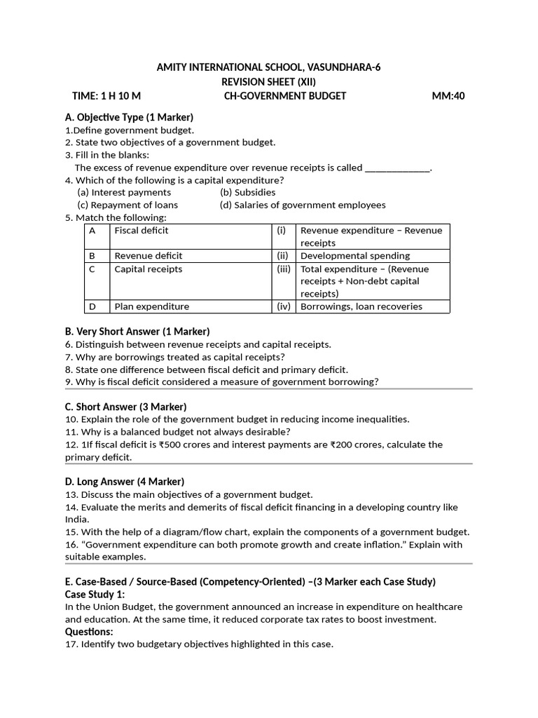 Government Budget Revision Sheet XII | PDF | Government Budget Balance ...