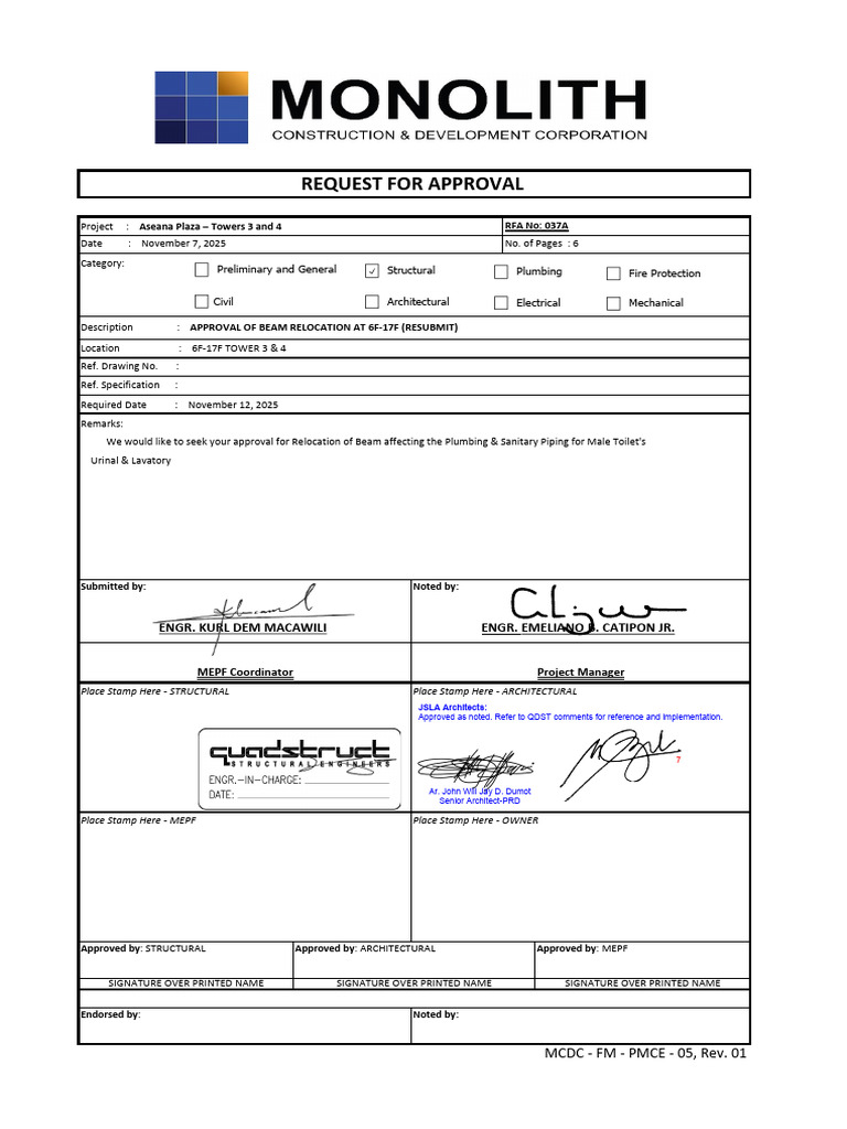 Mcdc-Rfa-037a Approval of Beam Relocation at 5f-17f | PDF | Environmental Engineering | Civil ...