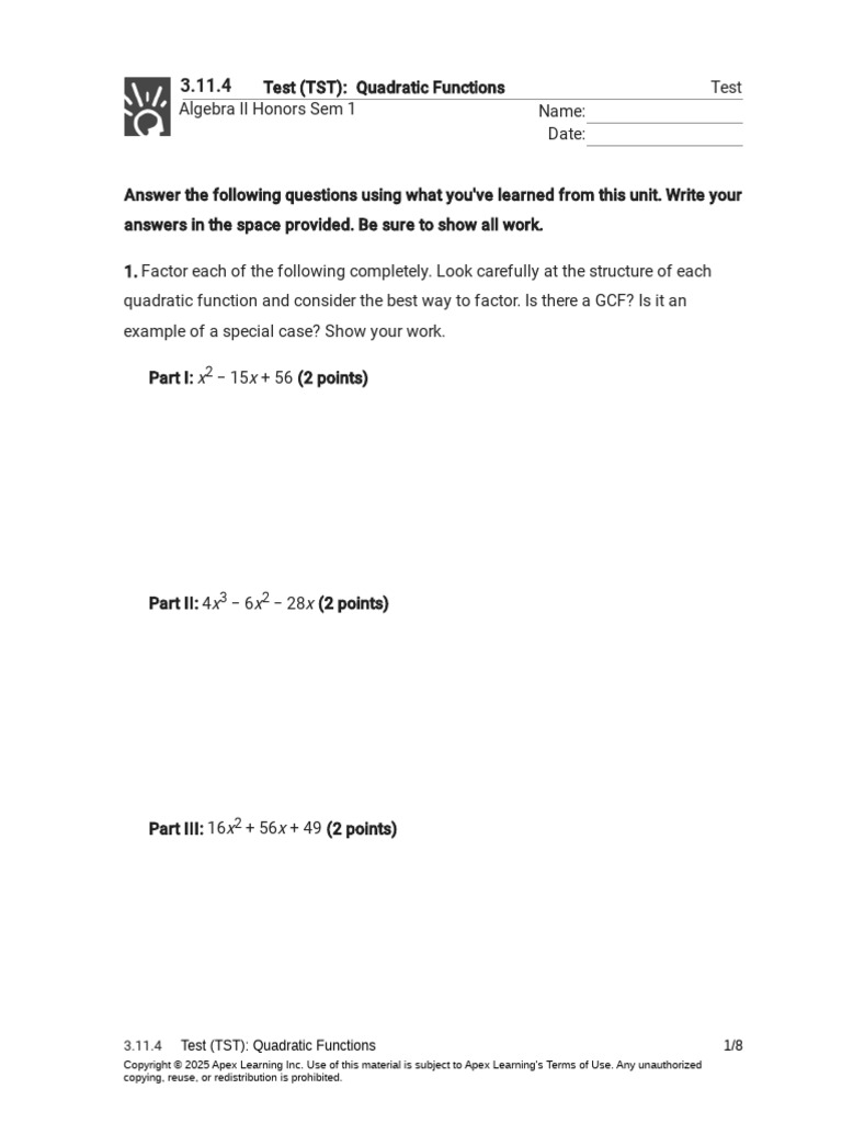 Quadratic Functions Test Guide | PDF | Quadratic Equation ...