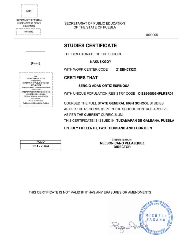 High School Certificate for Sergio Ortiz | PDF | Mathematics