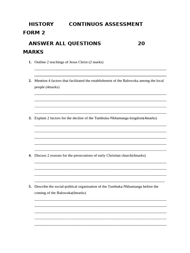History Assessment: Jesus & Tumbuka-Nkhamanga | PDF