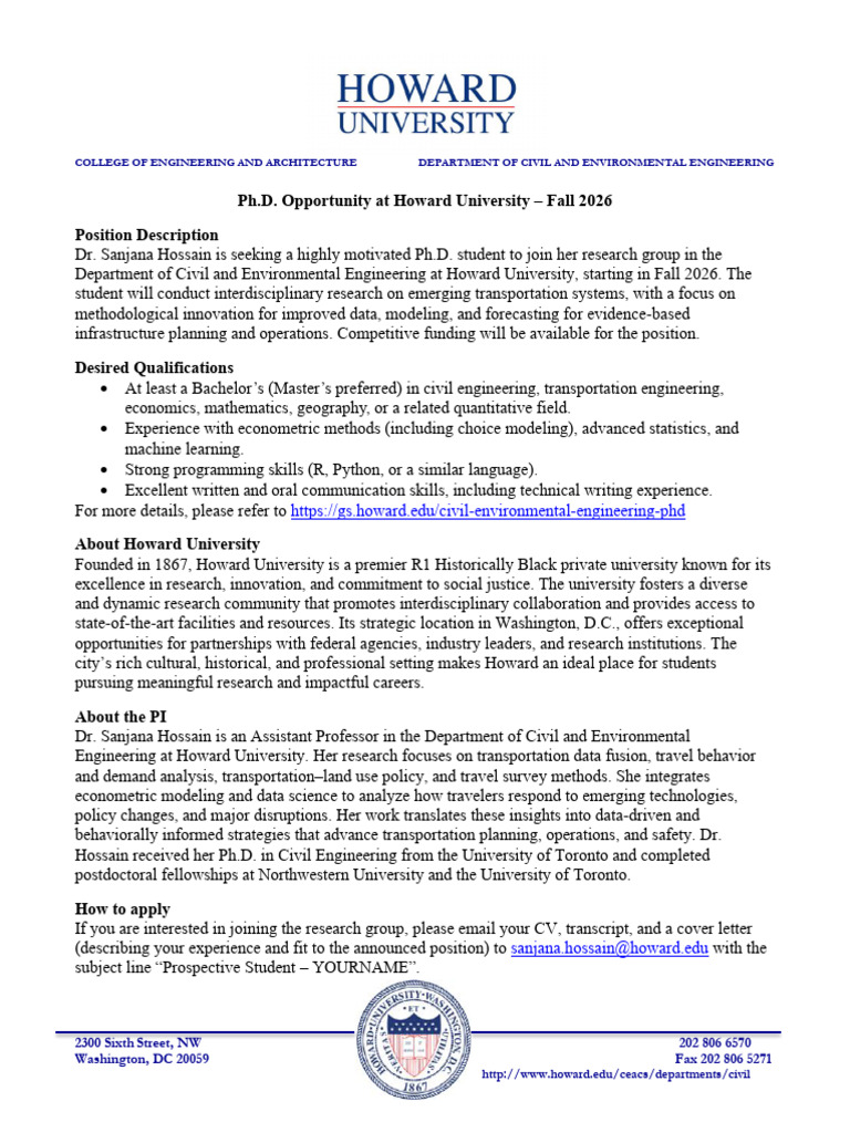 PHD Student Position at Howard | PDF | Engineering | Doctor Of Philosophy