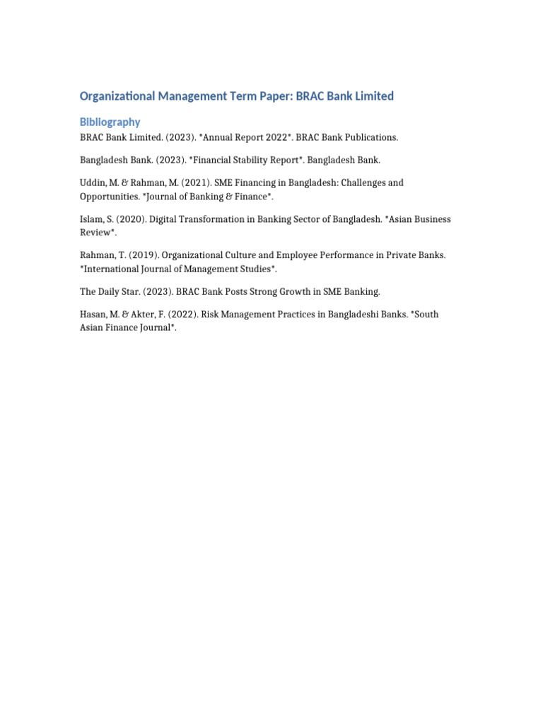 BRAC Bank Term Paper With Sources | PDF