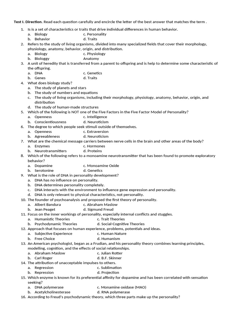 Test Questions For BSI For Students | PDF | Personality Psychology ...