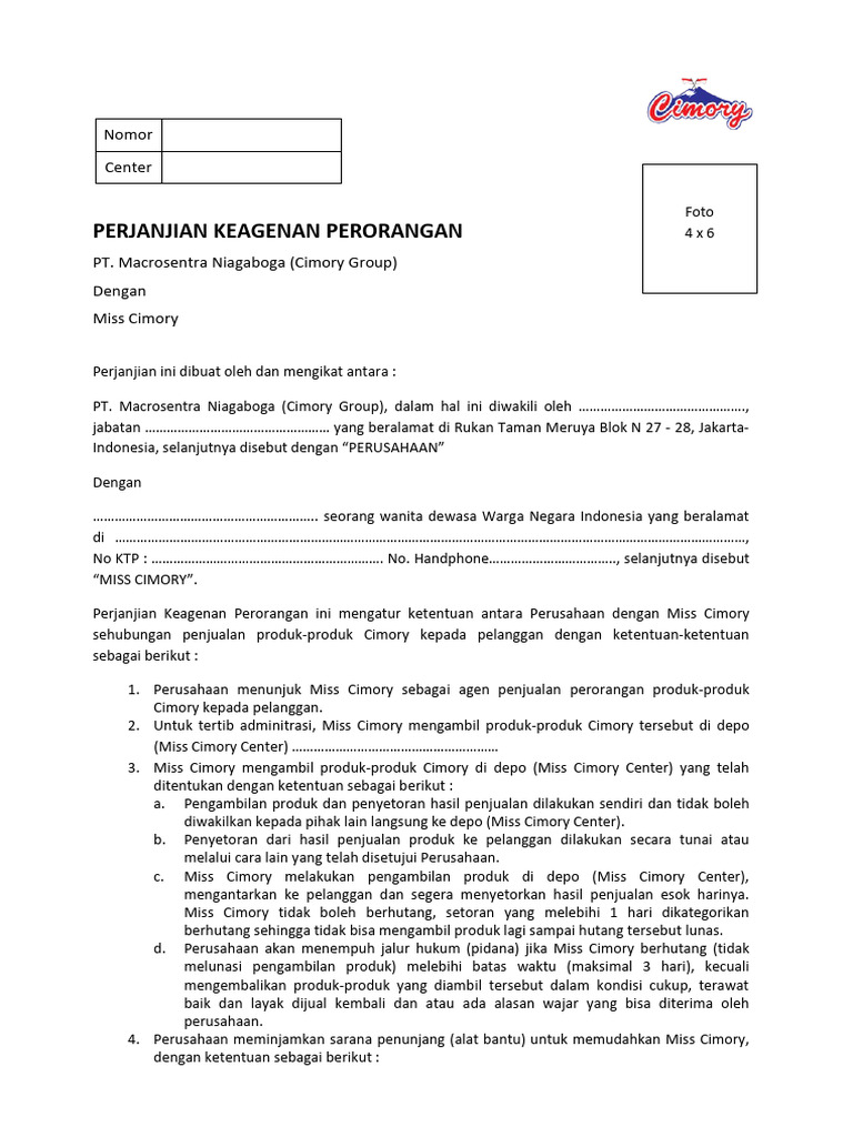Perjanjian Keagenan Miss Cimory | PDF