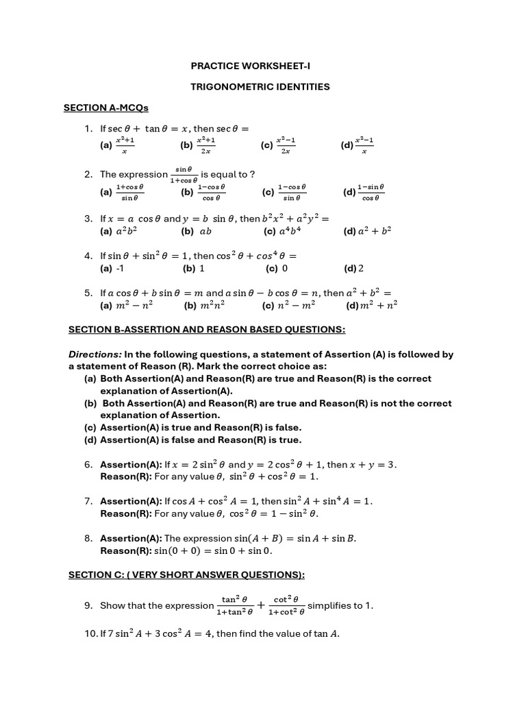 Practice Worksheet - Trigonometric Identities | PDF | Chess Theory | Chess