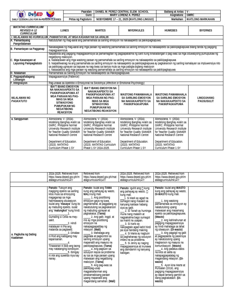 Grade 5 GMRC Quarter 3 / Week 4 DLL | PDF