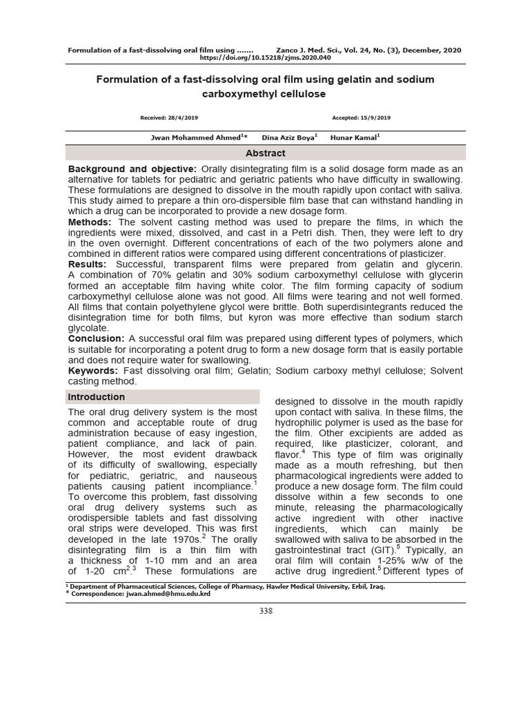 Formulation of A Fast-Dissolving Oral Film Using G | PDF | Tablet ...