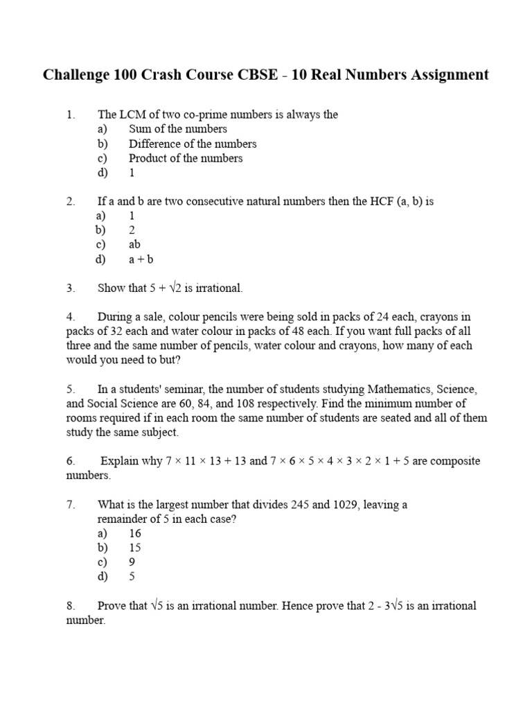 CBSE Class 10 Real Numbers Assignment | PDF | Mathematics | Number Theory