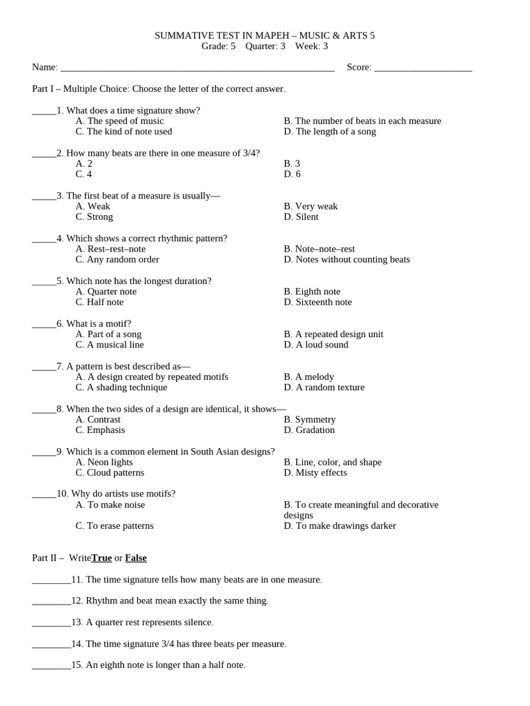 SUMM_TEST-MAPEH-MUSIC-ARTS-5-Q3-W3_Formatted | PDF | Rhythm | Pattern
