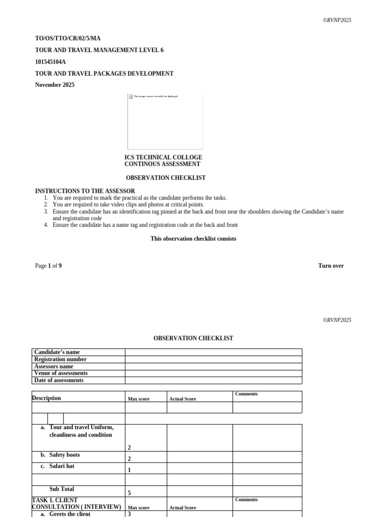 Tour and Travel Assessment Checklist | PDF | Psychology