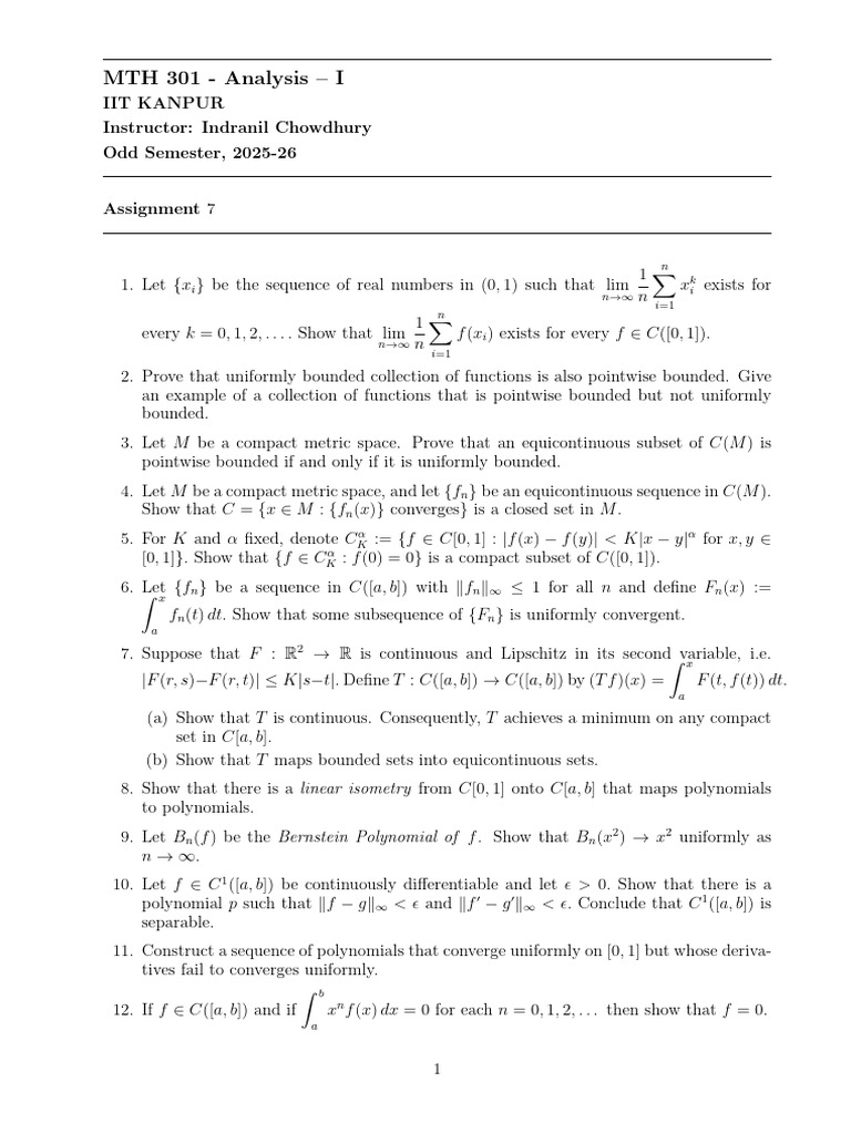 MTH 301 Analysis I Assignment 7 Solutions | PDF | Functional Analysis ...
