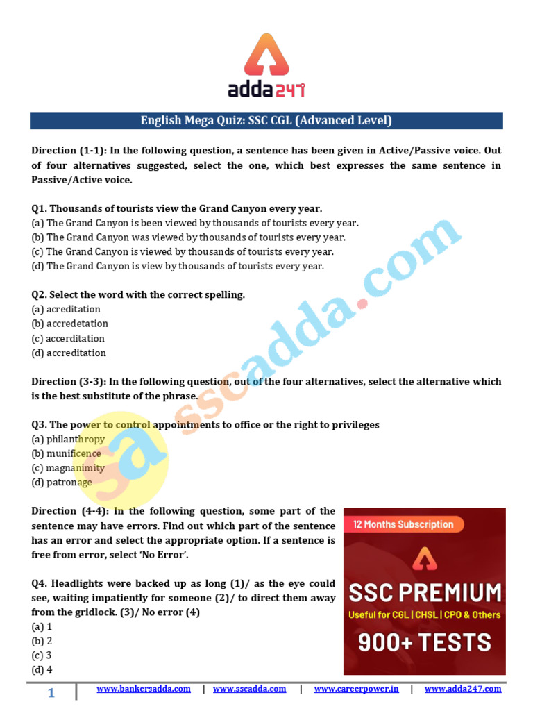 SSC CGL English Mega Quiz Test Series | PDF | Facebook