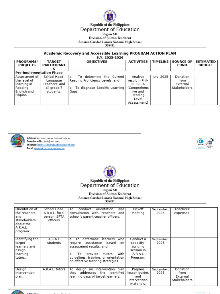A.R.A.L. Program Action Plan 2025-2026 | PDF | Learning | Educational ...