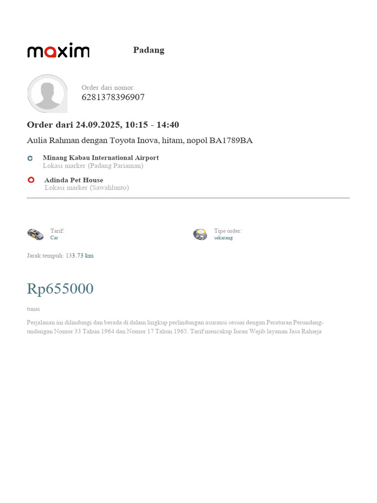 Bukti Perjalanan Dengan Maxim Indonesia Dari 1204_250478_028793 | PDF