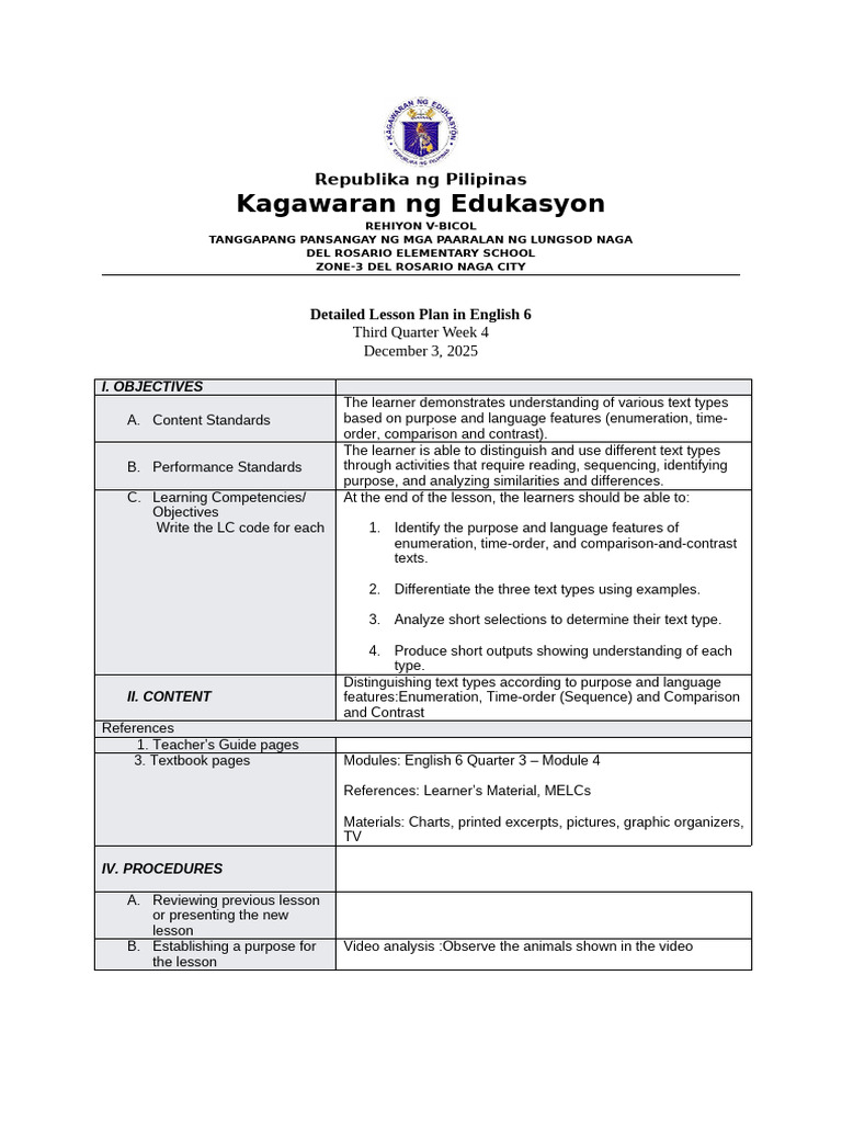 English 6 Lesson Plan: Text Types | PDF | Vertebrates | Human Communication