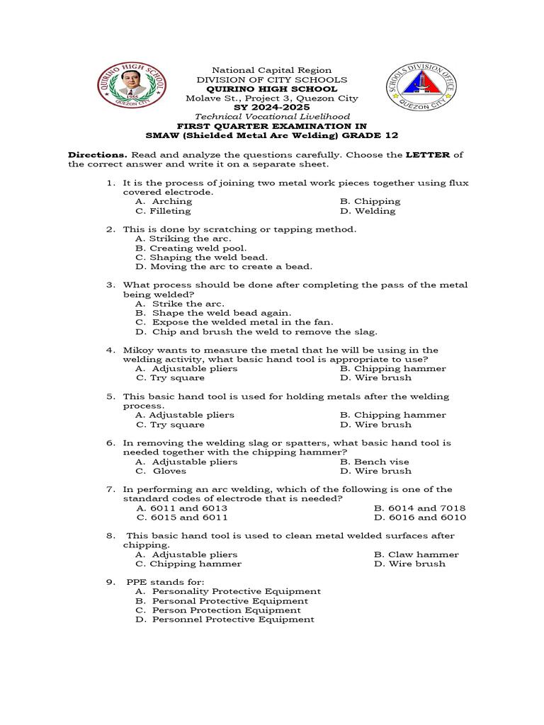 Quarter 1 Test in SMAW 12. docx | PDF | Welding | Construction
