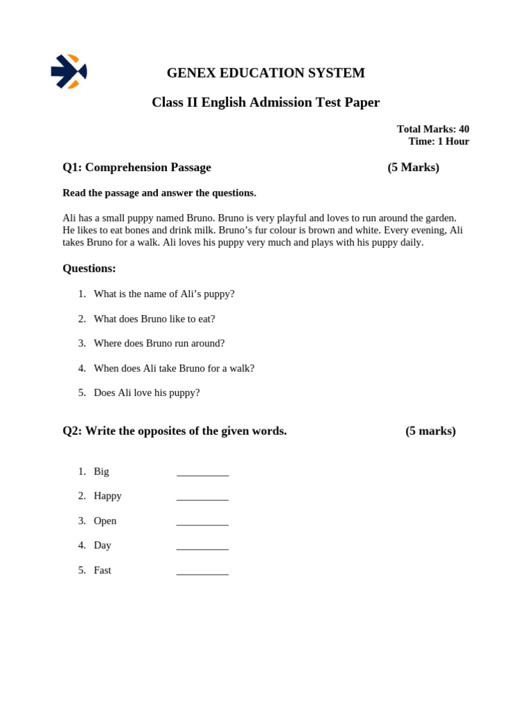 Class 2 English Admission Test Paper | PDF | Language Families ...