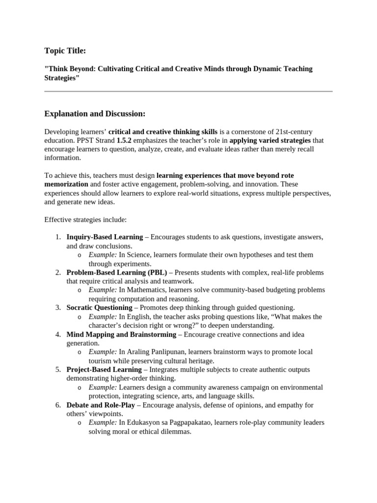 Dynamic Teaching for Critical Thinking | PDF | Learning | Inquiry Based ...