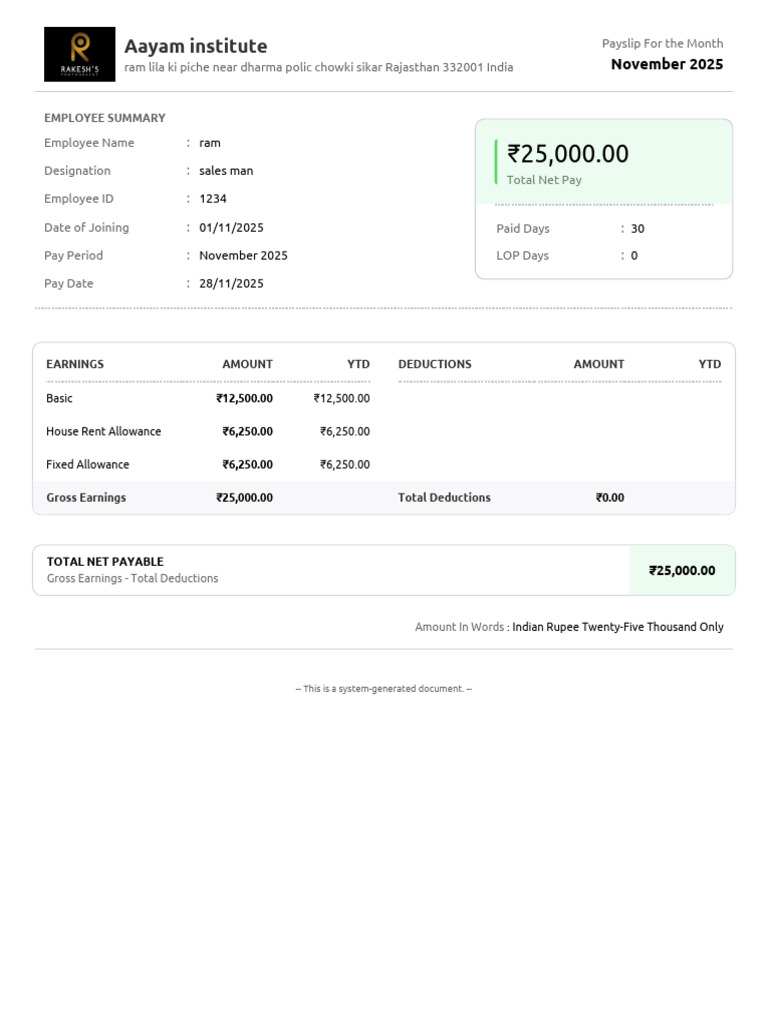 November 2025 Payslip for Employee Ram | PDF