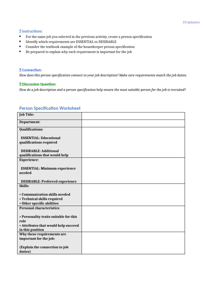 Person Specification Worksheet | PDF