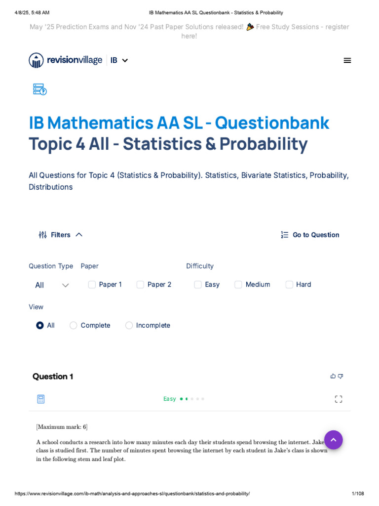 IB Mathematics AA SL Questionbank - Statistics & Probability | PDF | Statistical Analysis ...