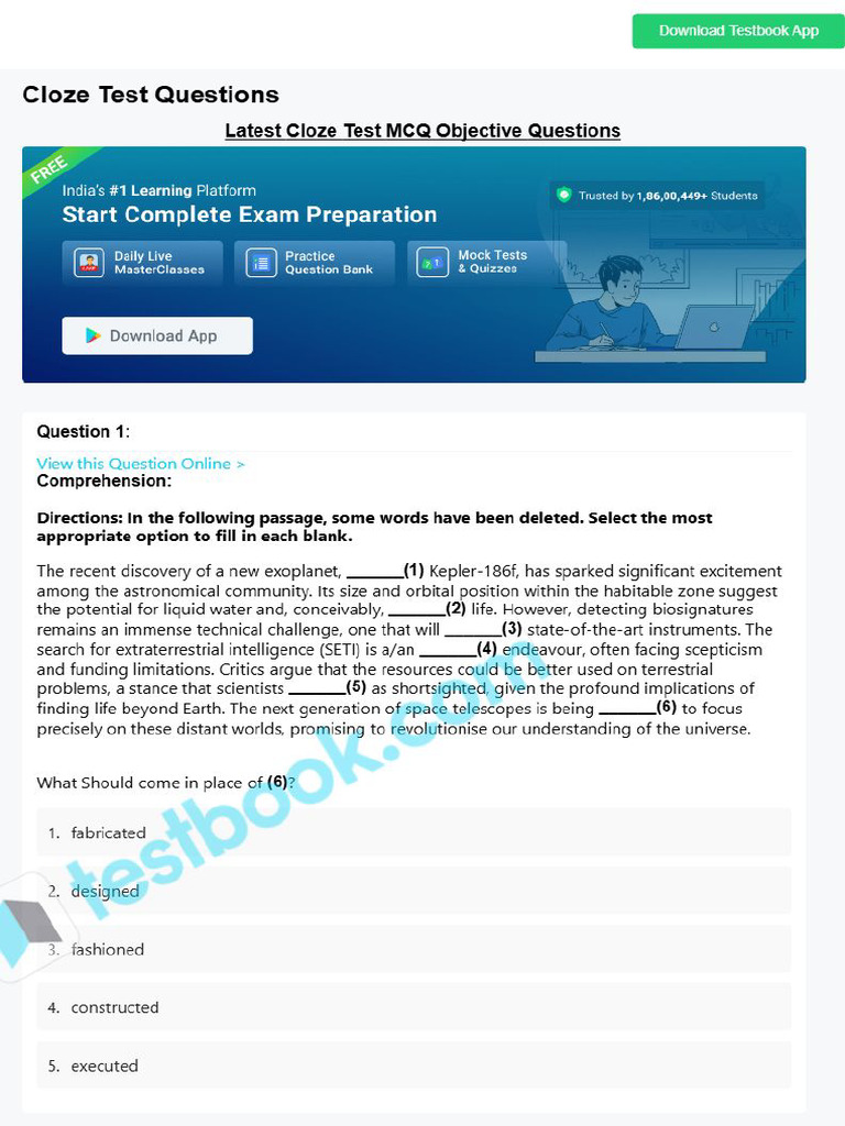 MCQ On Cloze Test 5eea6a0d39140f30f369e392 | PDF