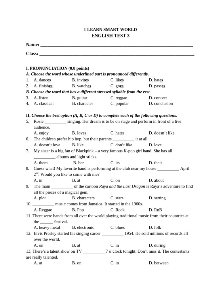 English Music Test for Students | PDF | Songs | Rapping