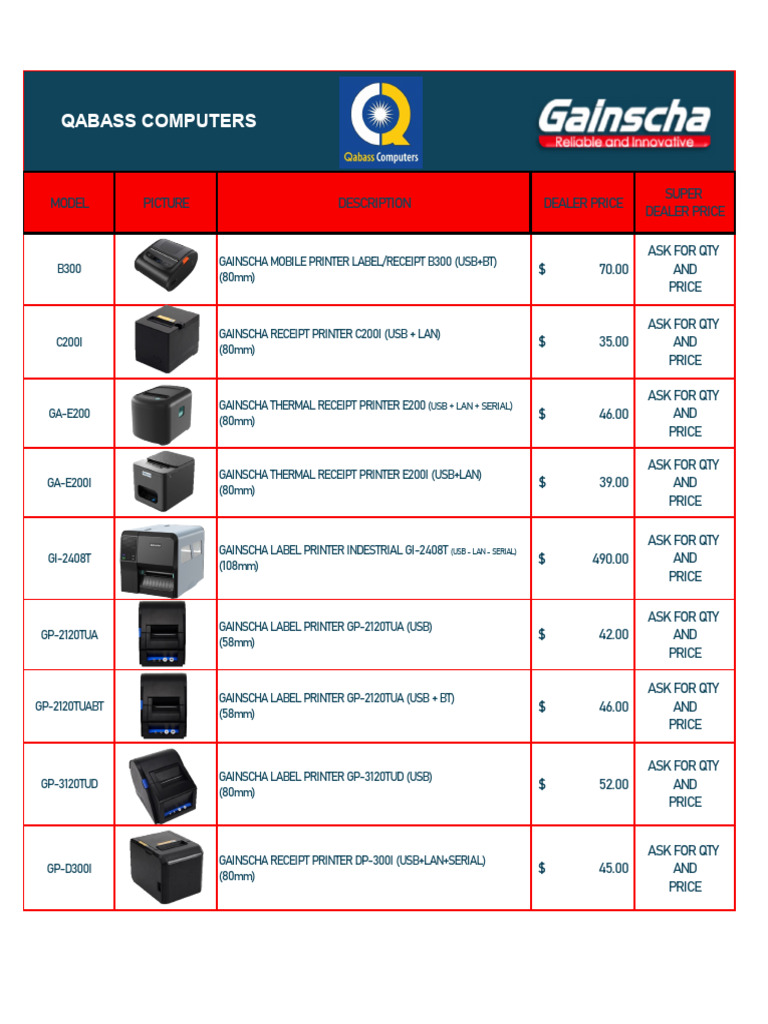 Gainscha Price List | PDF | Printer (Computing) | Printing
