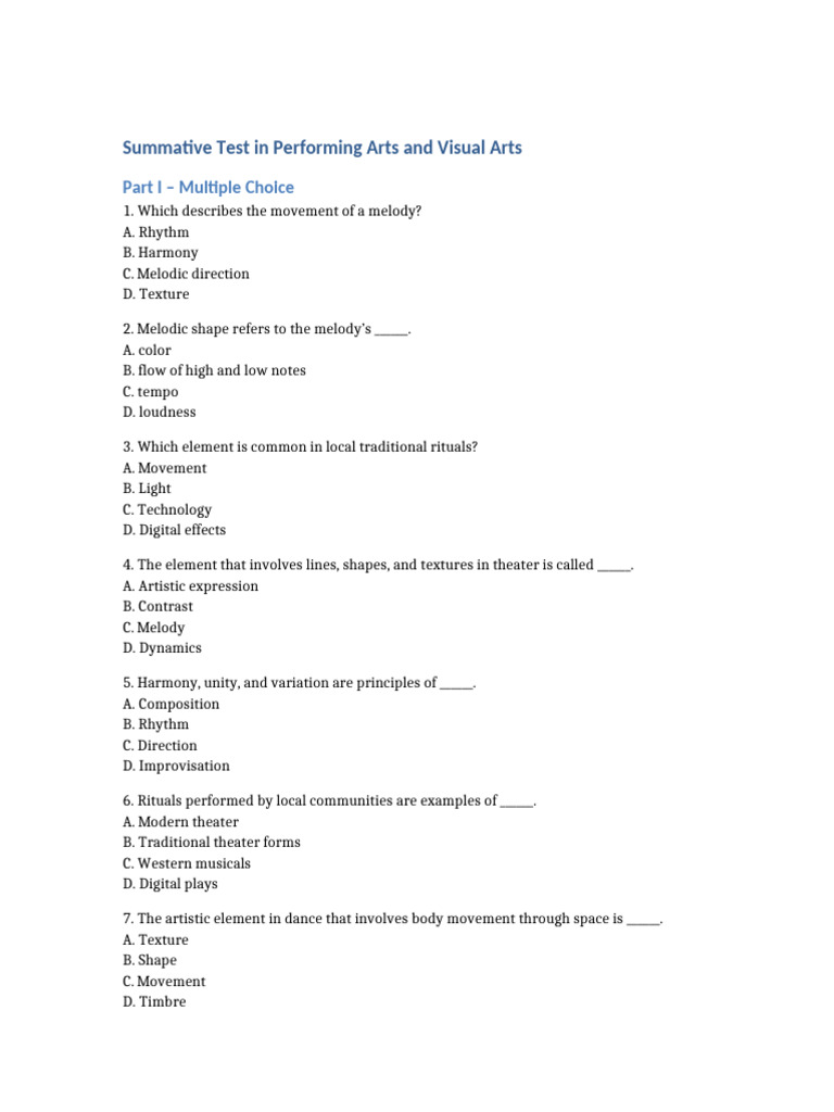 Summative Test Performing Visual Arts | PDF