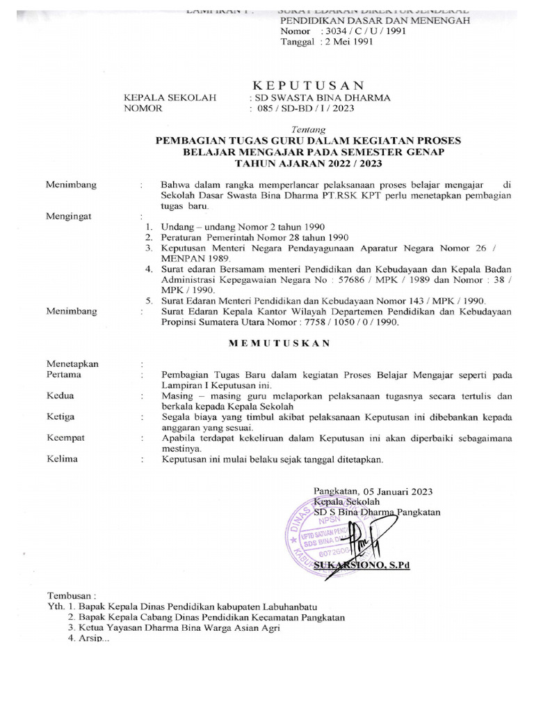 Sk Pembagian Tugas Guru Tahun Pelajaran 2022-2023 Semester Genap | PDF