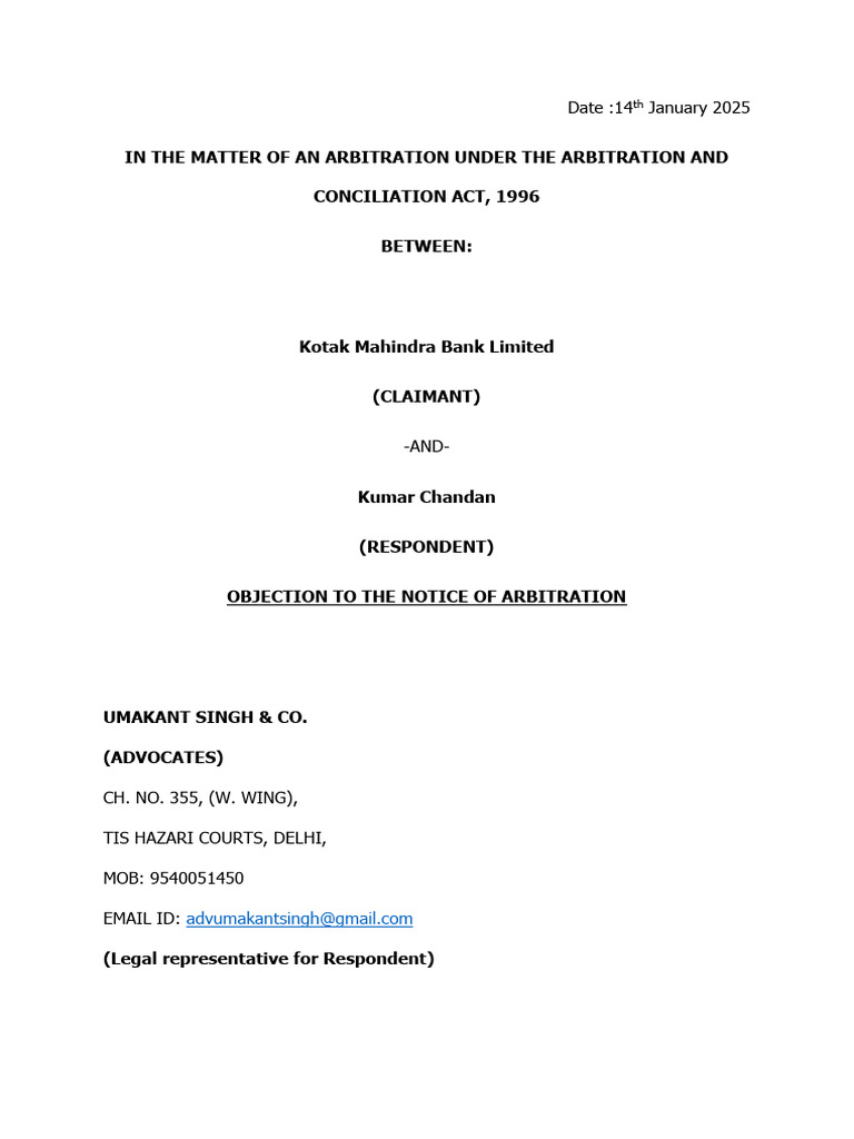 Kumar Chandan_Objection to Arbitrator | PDF | Arbitration | Arbitral ...