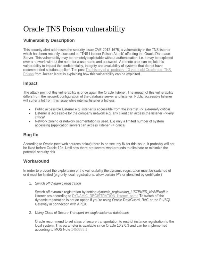 Oracle TNS Poison Vulnerability Alert | PDF | Computer Network | Security