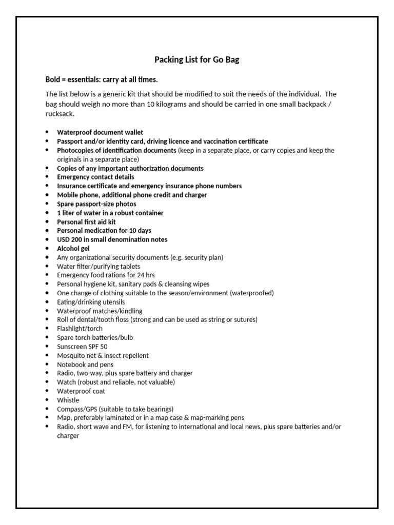 Essential Go Bag Packing List | PDF