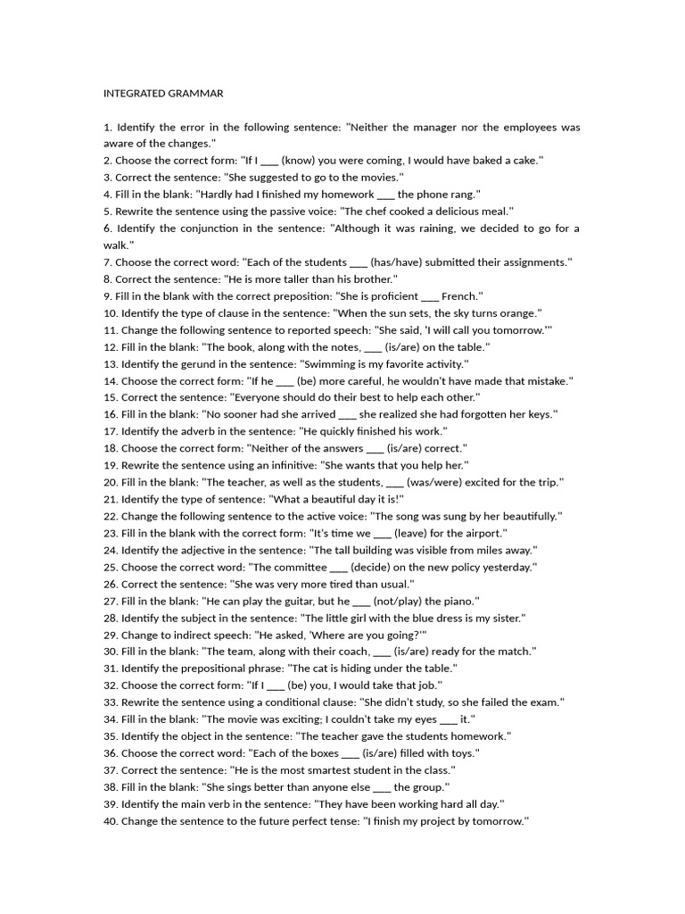 Integrated Grammar Worksheet | PDF | Sentence (Linguistics) | Verb