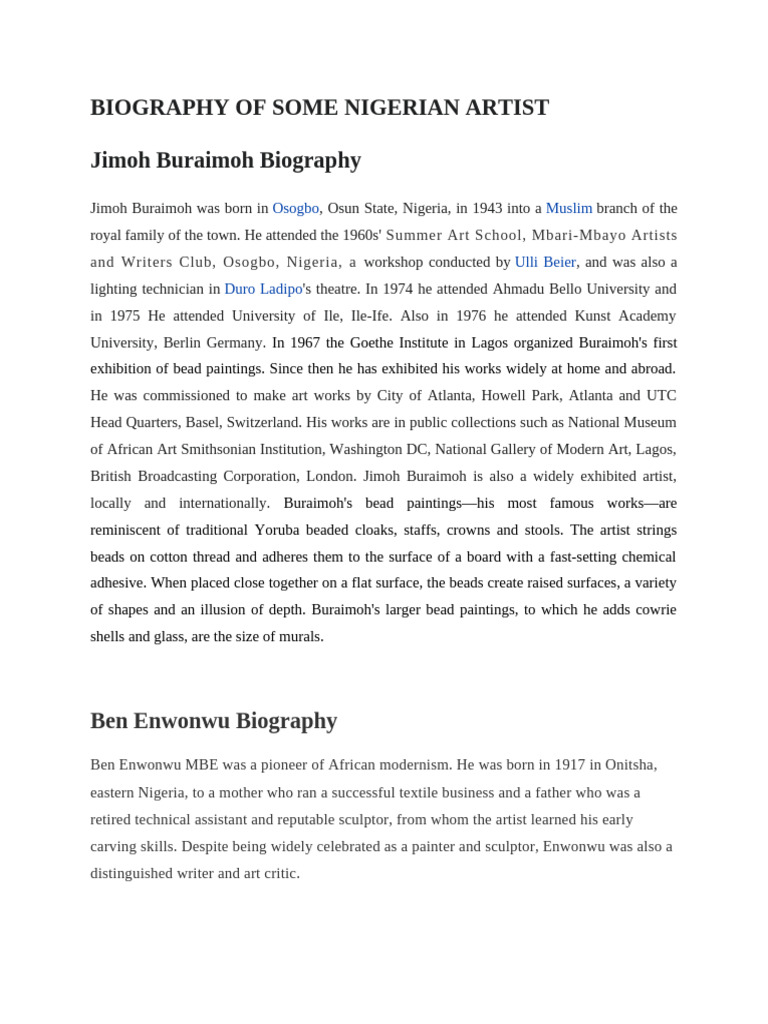 Nigerian Artists: Buraimoh, Enwonwu, Onobrakpeya | PDF | The Arts | Nigeria