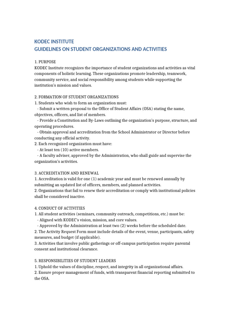 KODEC Student Organizations Guidelines | PDF | Student Affairs