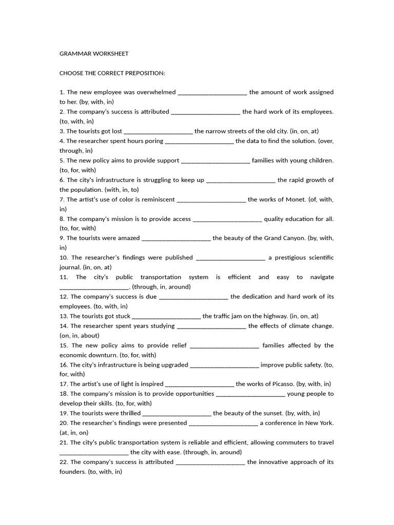 Preposition Grammar Worksheet (1) | PDF