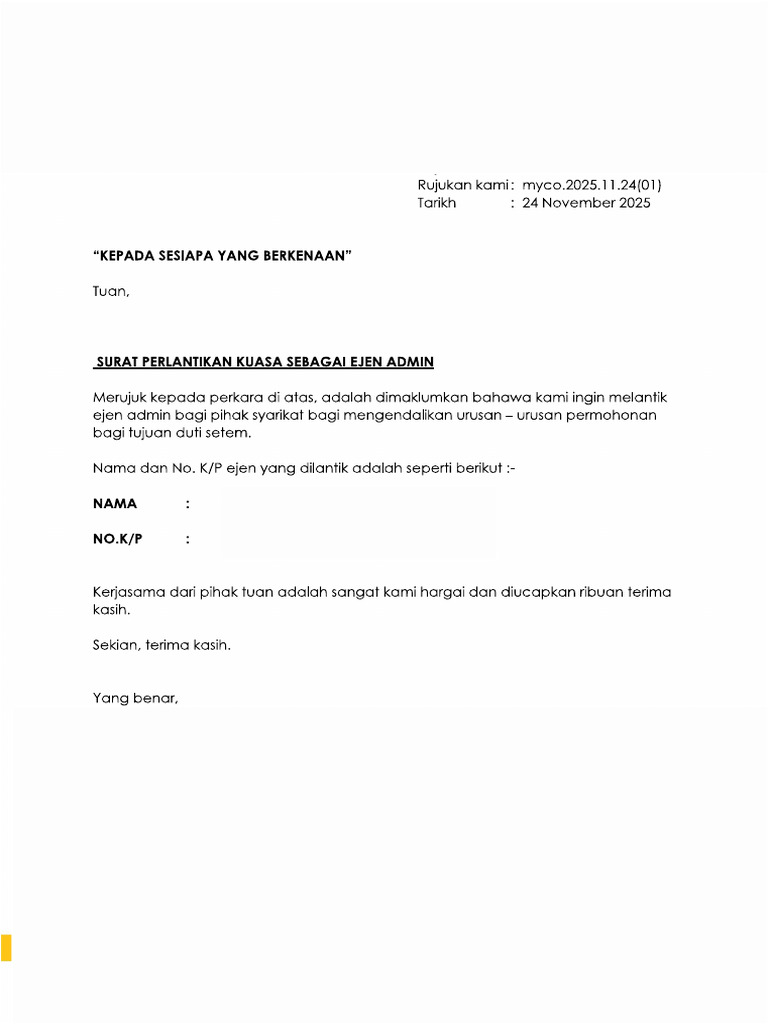 Surat Perlantikan Kuasa Ejen Admin | PDF