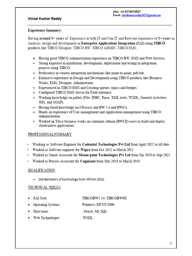 Vinod Updated Tibco Resume (1) | PDF | Web Service | Software