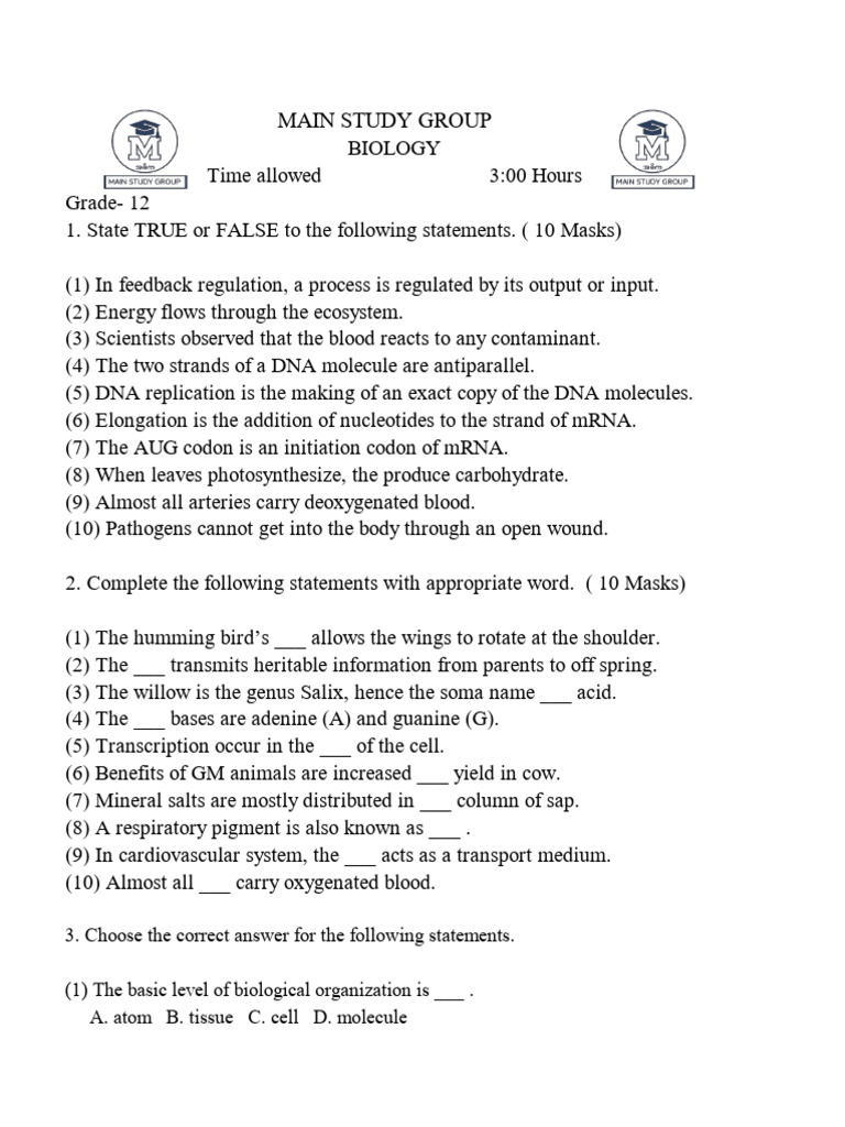 Grade 12 Biology Exam Questions | PDF | Dna | Artery